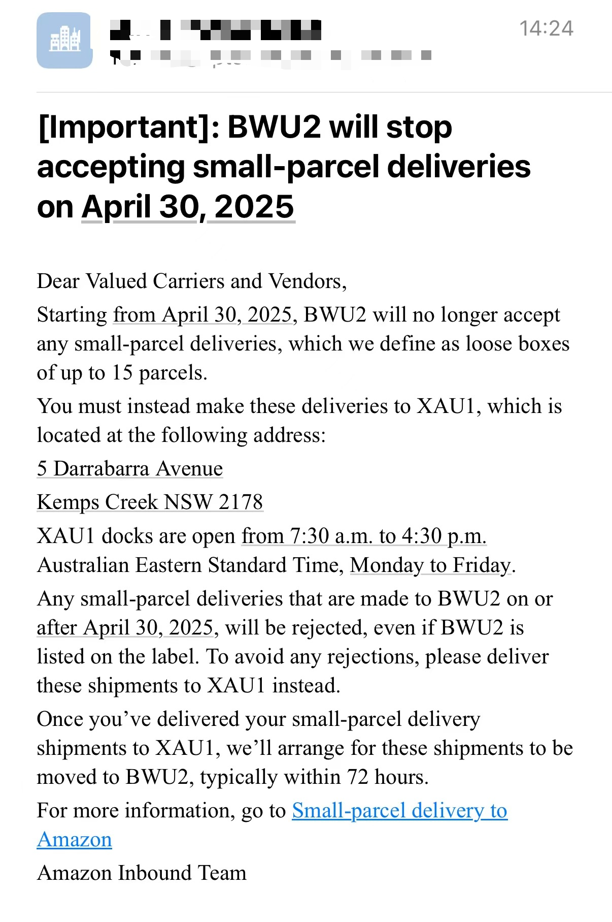 重要通知：BWU2将不再接收小包裹 - 澳大利亚海外仓换标,海运物流,澳洲海外仓检测维修,亚马逊FBA专线换标-中运国际专线物流